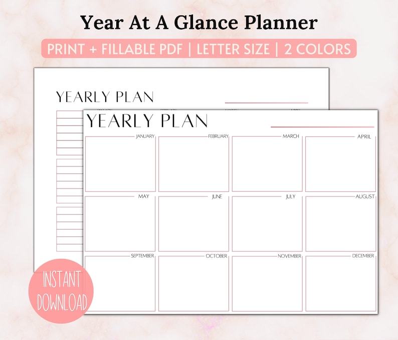 Year at A Glance Planner Printable, Yearly Plan Template, Productivity ...