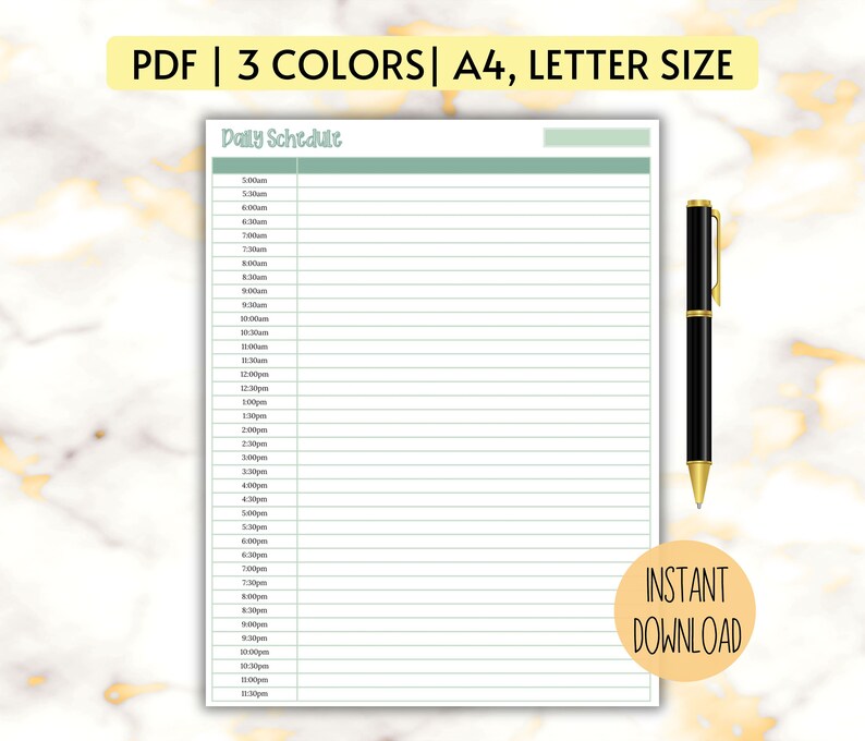 Half Hour Daily Printable, Daily Template, Productivity Planner, Hourly ...
