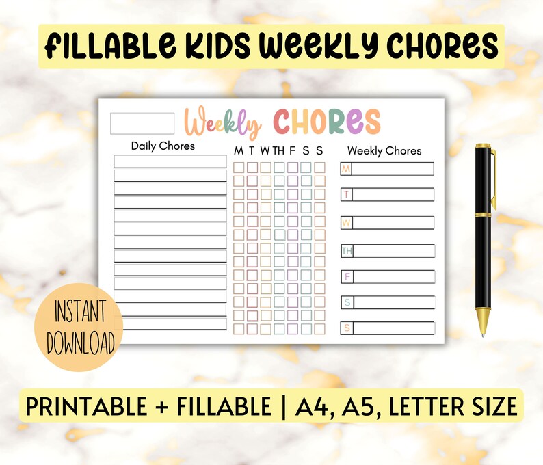 Weekly Chore Chart for Kids, Editable Kid Chore Chart, Printable Chore ...