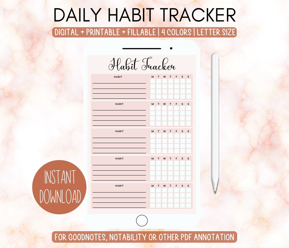 Daily Habit Tracker Digital, Habit Tracker Printable, Fillable PDF ...