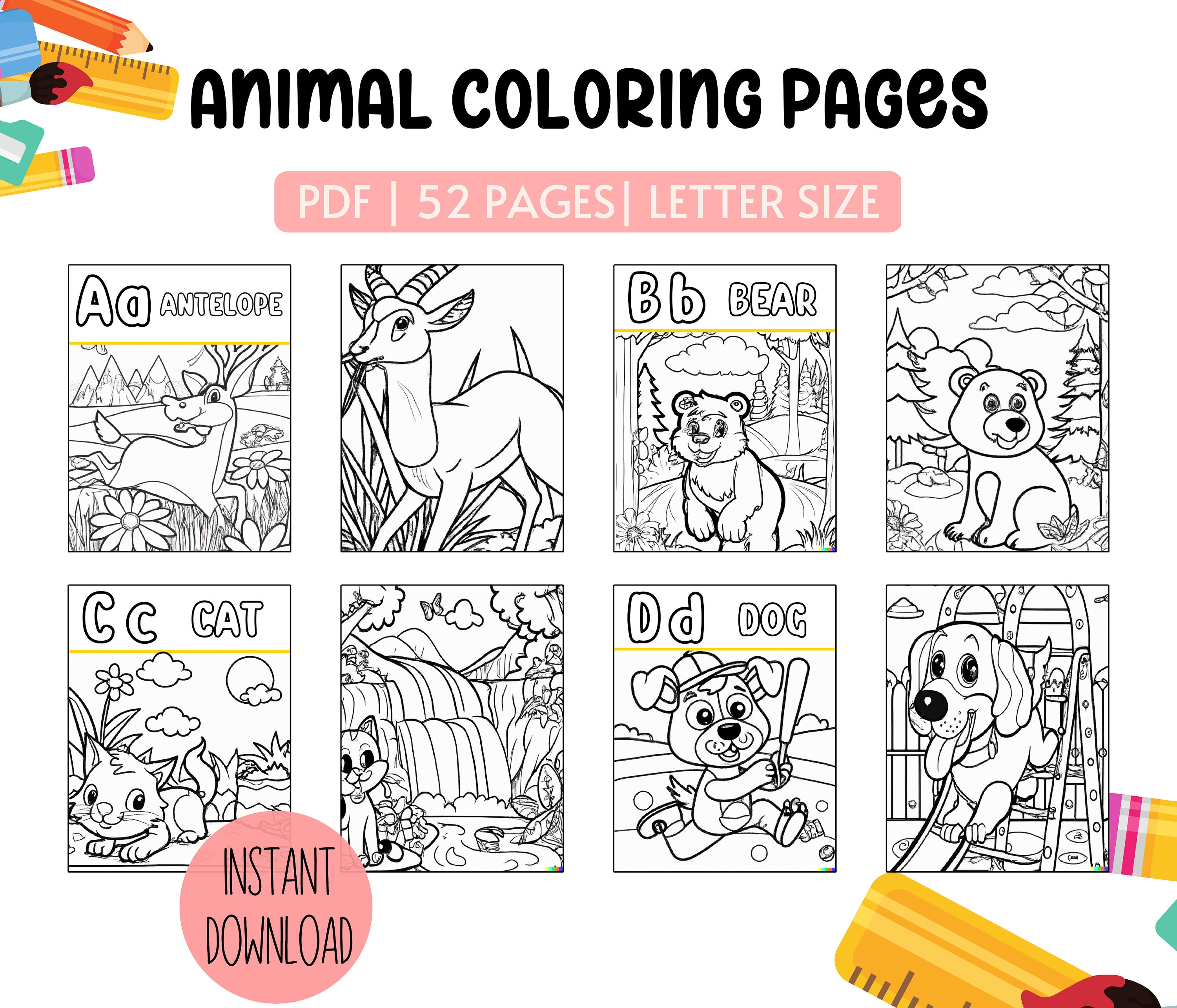 Animal Coloring Pages for Kids and Adults - Etsy