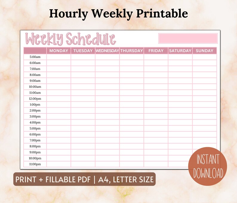 Hourly Weekly Printable, Weekly Template, Productivity Planner, Hourly ...