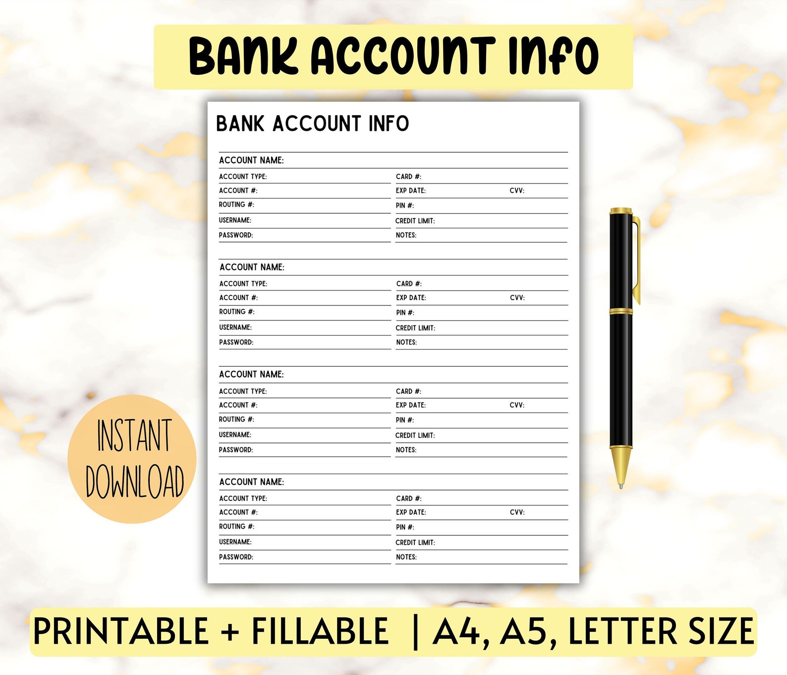 Bank Account Information Tracker, Bank Account Log Printable, Bank ...