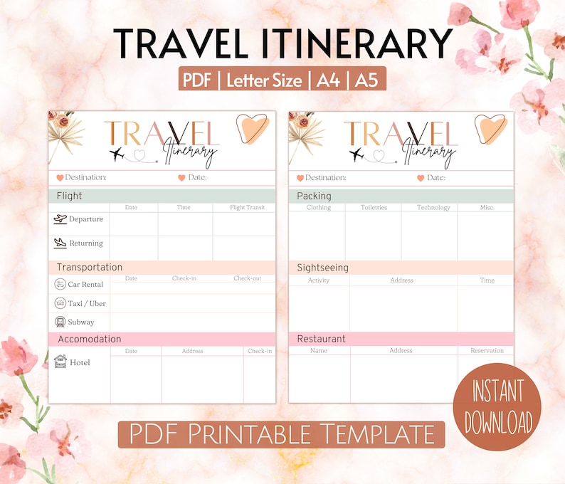 Travel Itinerary Template, Travel Template, Minimalist Travel Planner ...