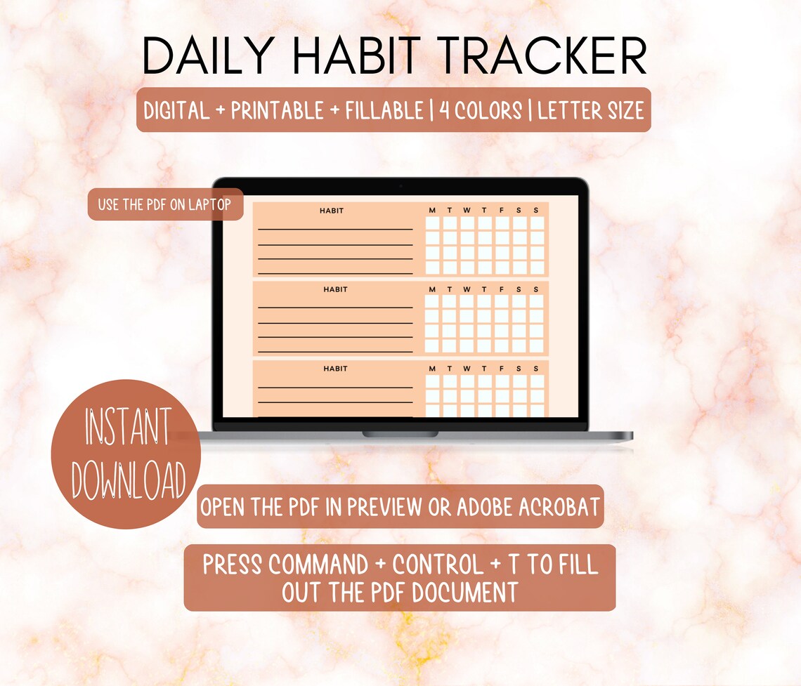 Daily Habit Tracker Digital, Habit Tracker Printable, Fillable PDF ...