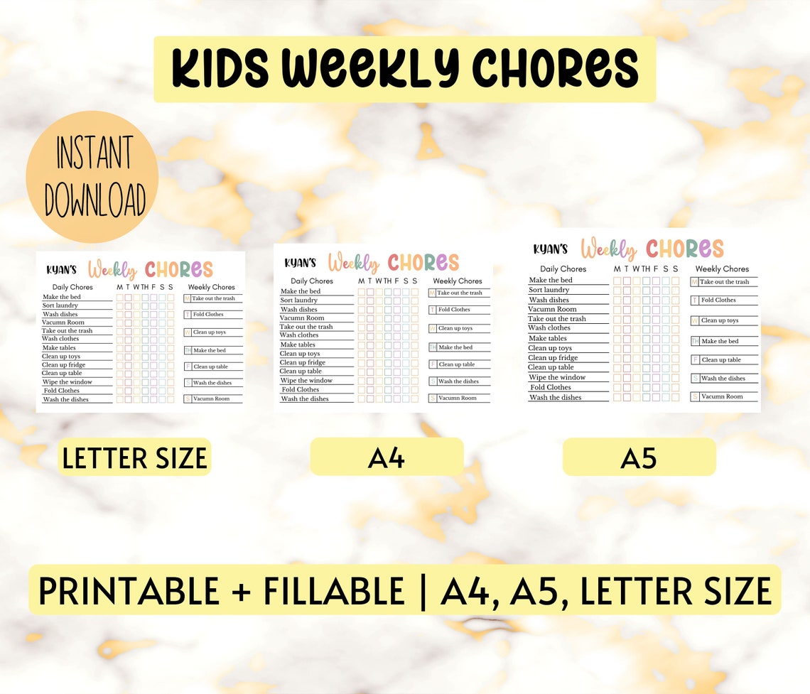 Weekly Chore Chart for Kids, Editable Kid Chore Chart, Printable Chore ...