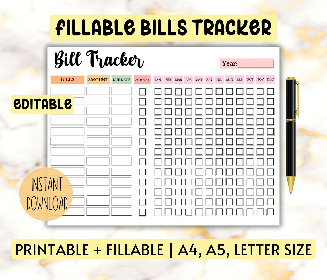Bill Tracker Landscape, Yearly Bill Pay Tracker, Yearly Bill Tracker ...