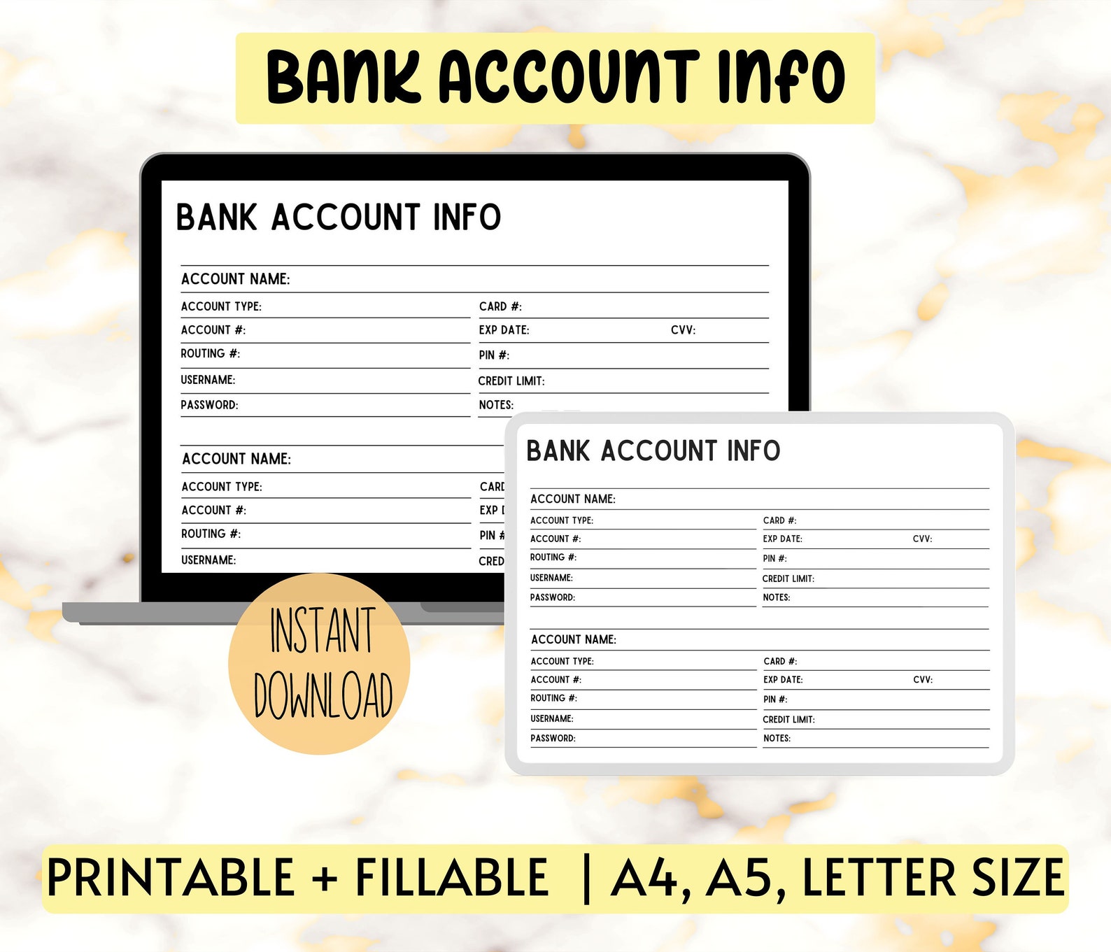 Bank Account Information Tracker, Bank Account Log Printable, Bank ...