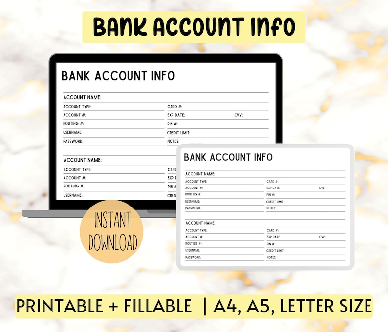 Bank Account Information Tracker, Bank Account Log Printable, Bank ...
