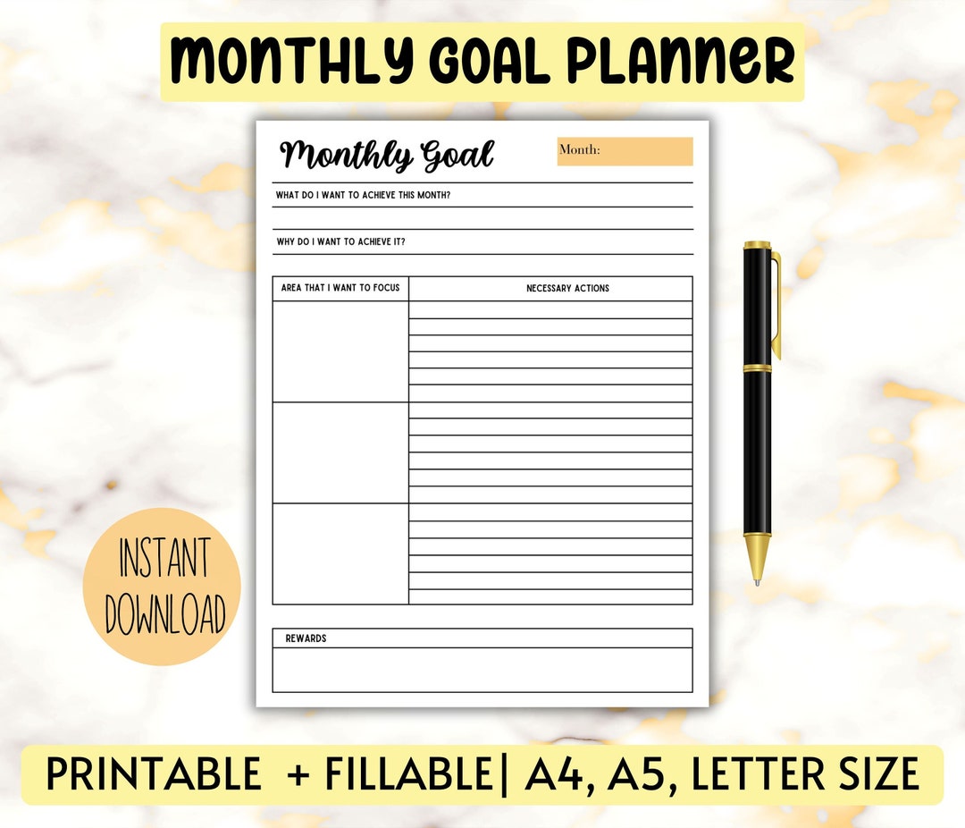 Monthly Goal Planner Printable, Monthly Productivity Planner, Goal ...