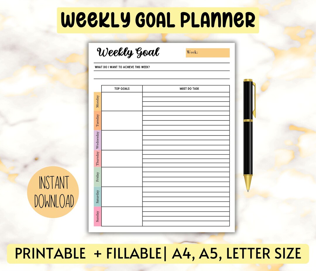 Weekly Goal Planner Printable, Weekly Productivity Planner, Goal ...