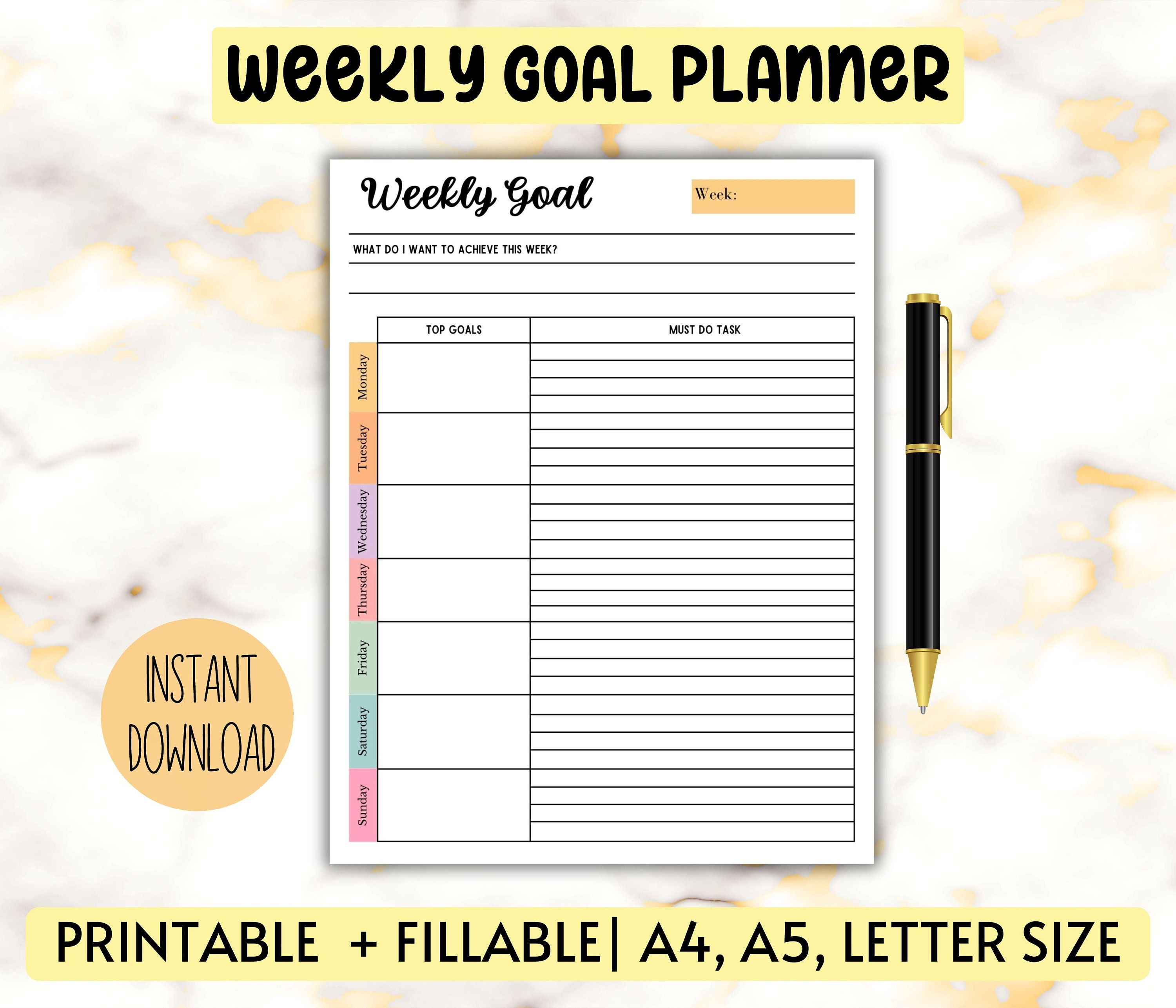 Weekly Goal Planner Printable, Weekly Productivity Planner, Goal ...