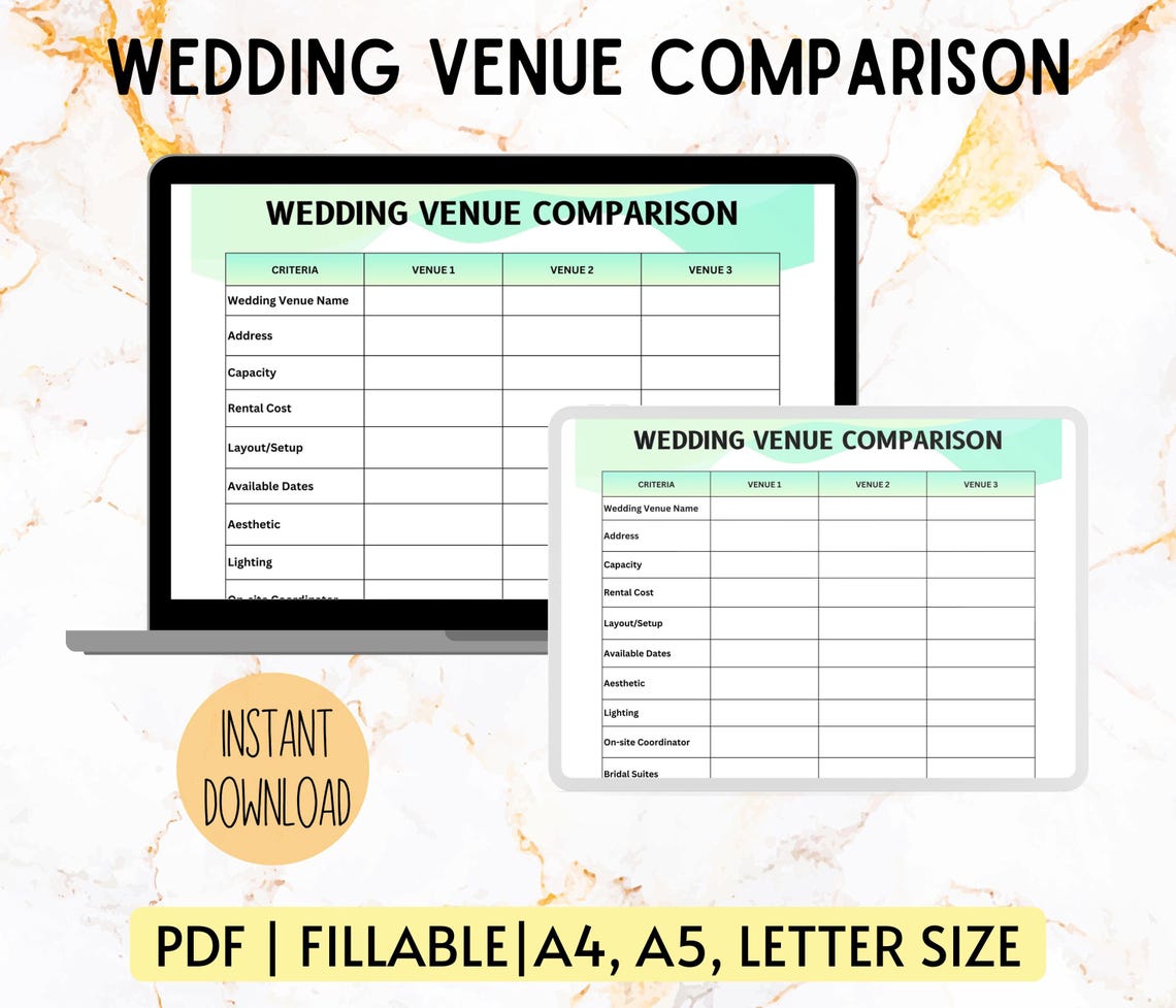 Wedding Venue Comparison Template, Wedding Venue Checklist, Wedding to ...