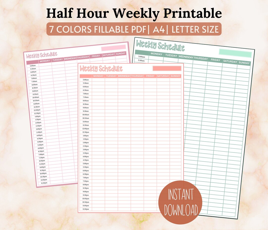 Half Hour Weekly Printable, Weekly Template, Productivity Planner ...