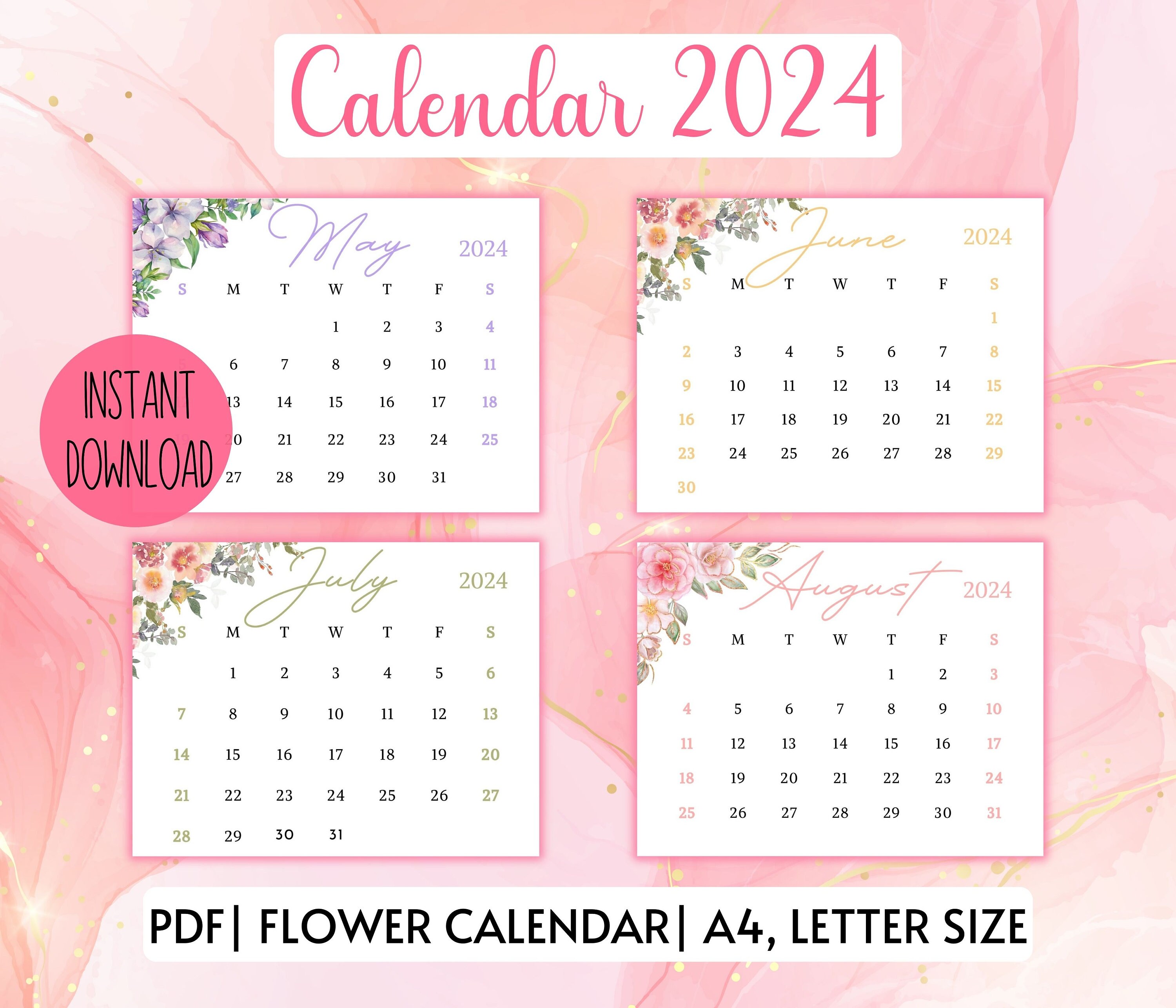Floral Calendar 2024 Monthly 2024 Calendar 2024 Calendar A4 - Etsy