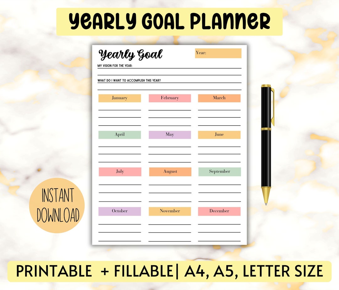 Yearly Goal Planner Printable, Yearly Productivity Planner, Goal ...