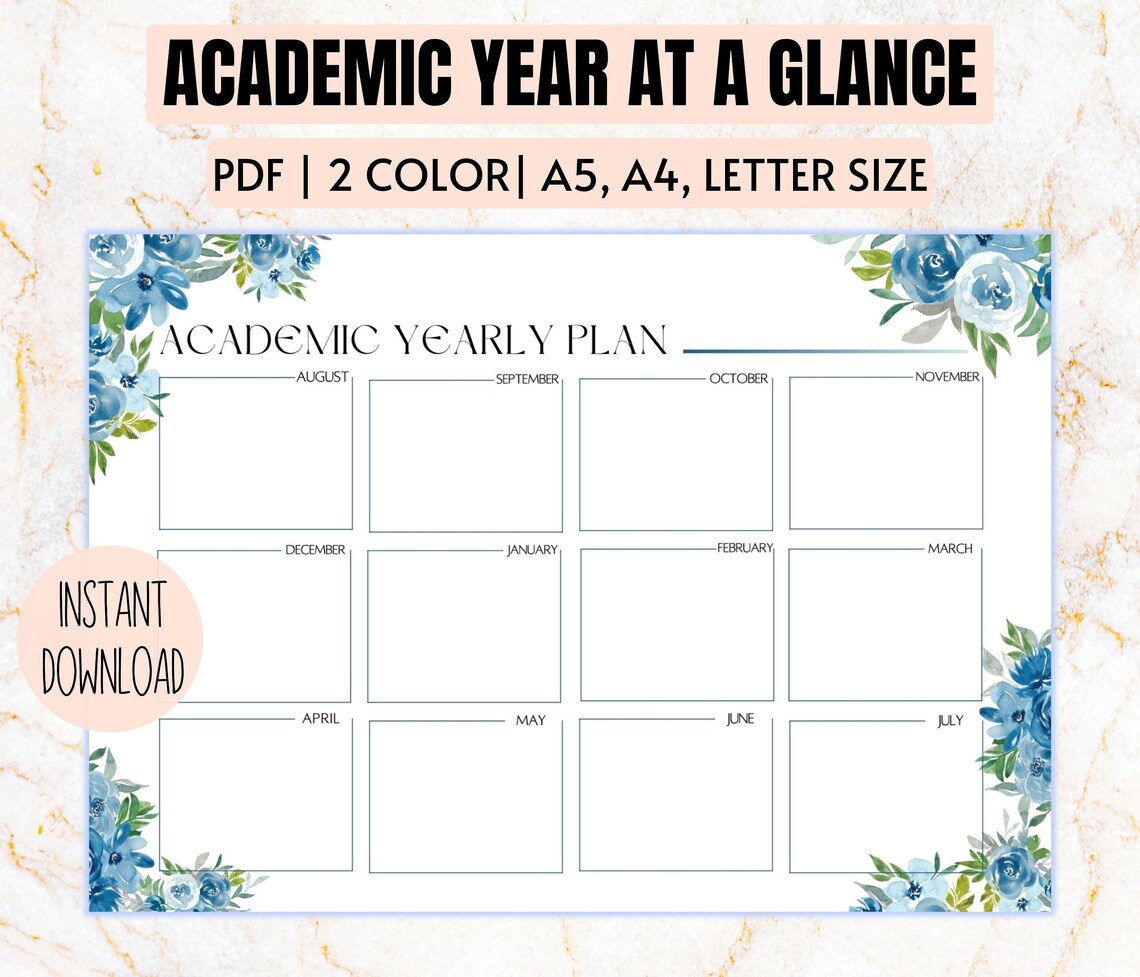 Academic Year at A Glance Planner Printable, Yearly Planner Printable ...