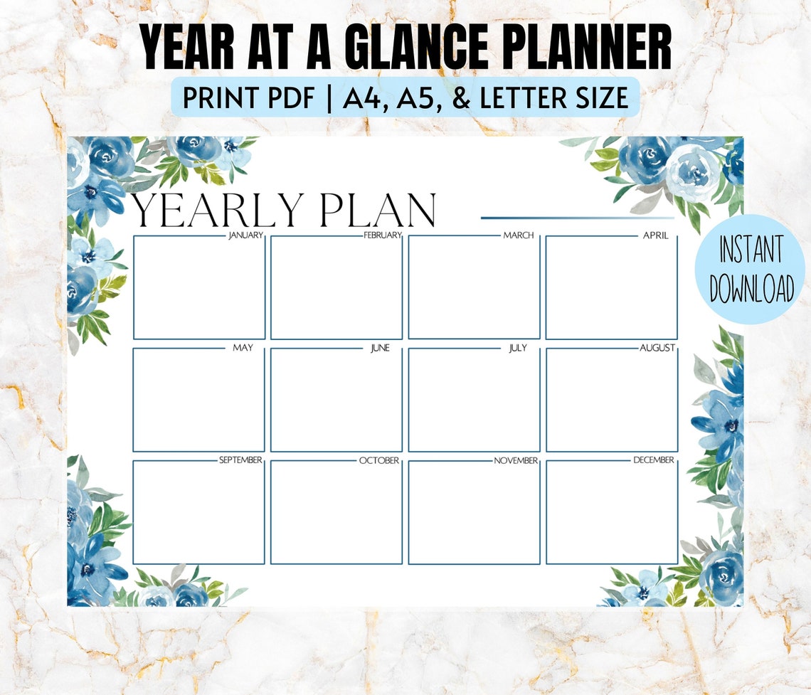 Year at A Glance Planner Printable, Yearly Planner Printable, Yearly ...
