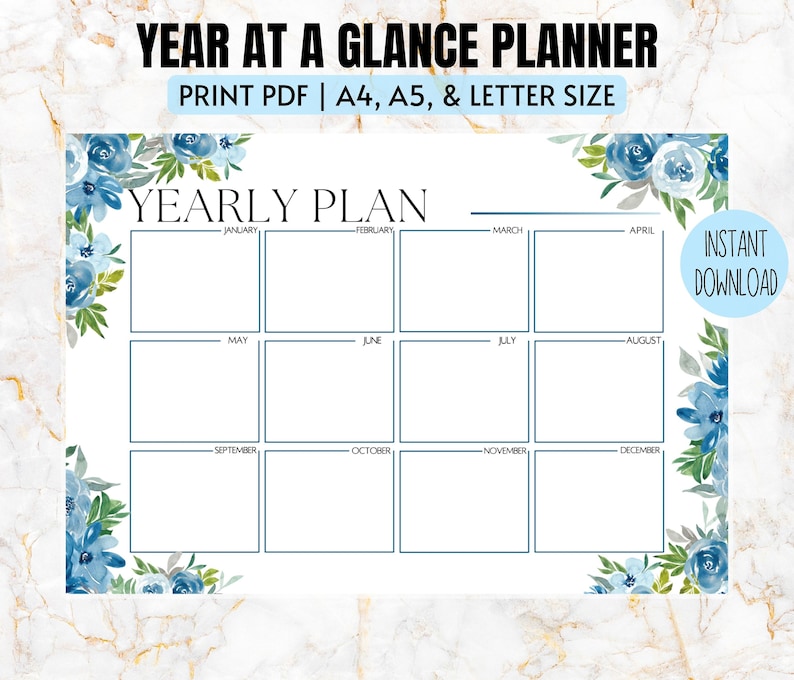Year at A Glance Planner Printable, Yearly Planner Printable, Yearly ...