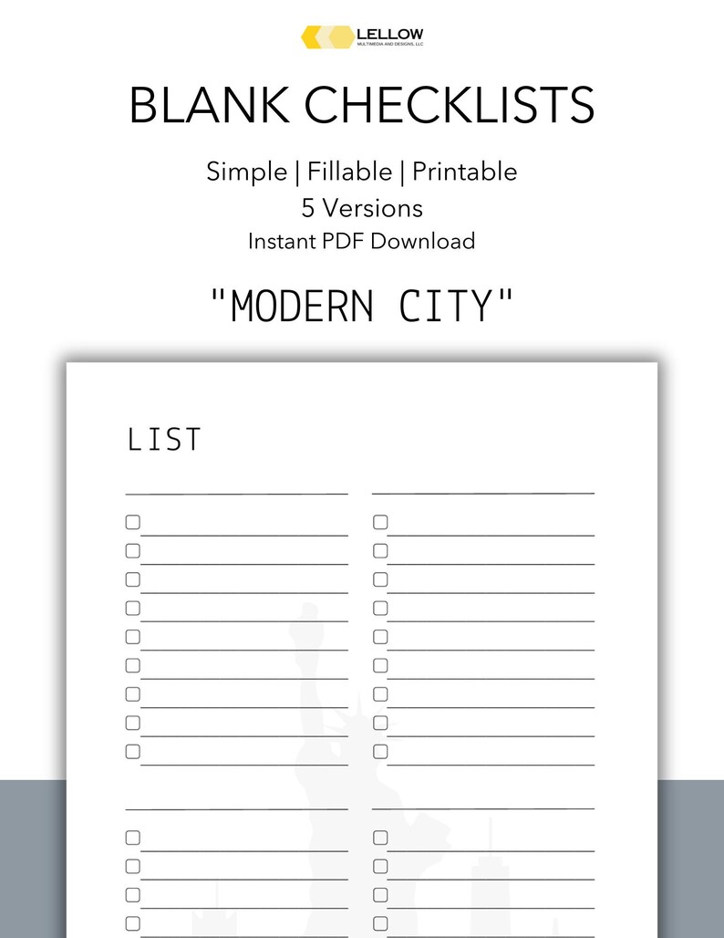 Blank Checklist Sheets -"modern City" Theme - Printable and Fillable 8. ...