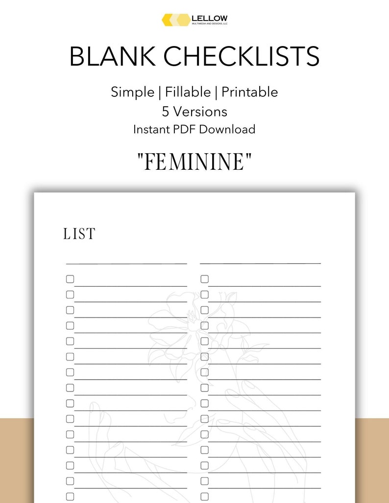 Blank Checklist Sheets -"feminine" Theme - Printable and Fillable 8.5"x11" (letter) PDF - Etsy