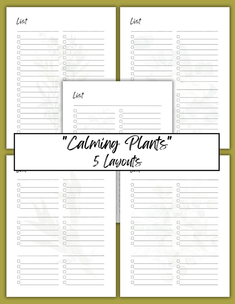 Blank Checklist Sheets -"calming Plants" Theme - Printable and Fillable ...