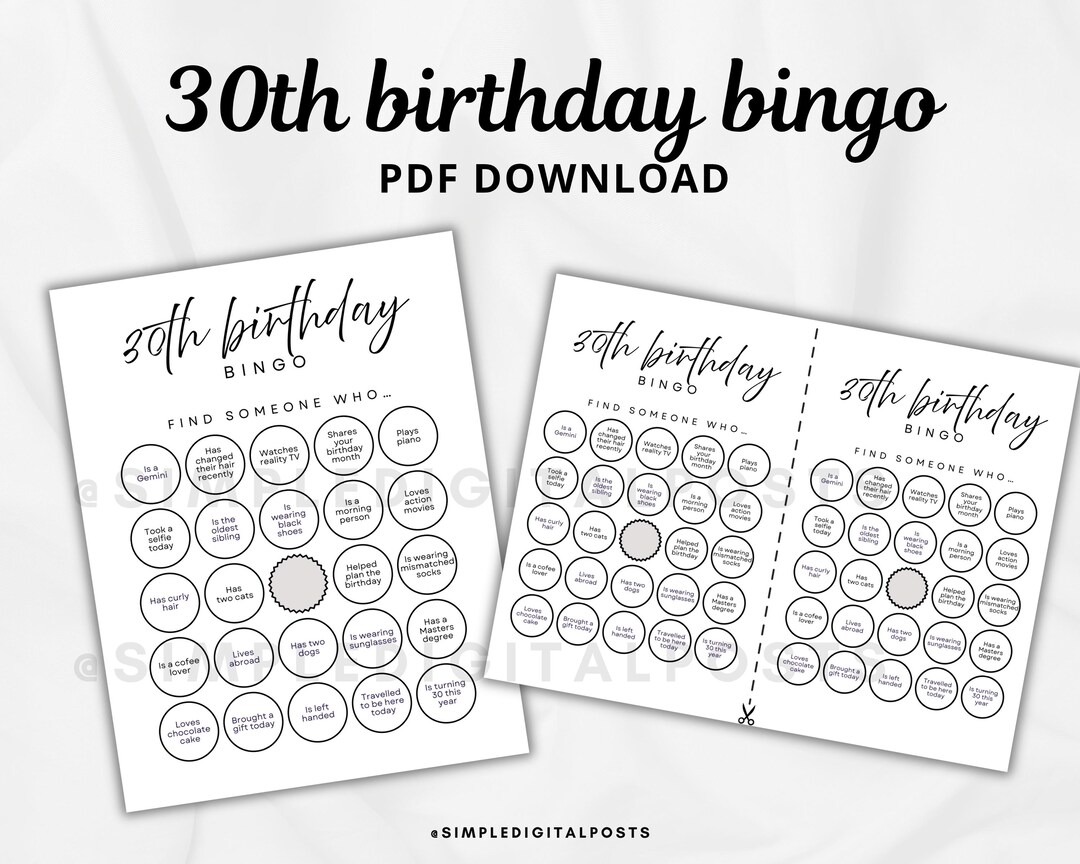 30th Birthday Bingo Game: Printable Party Activity (PDF Downloadable Game Cards Included) - Etsy