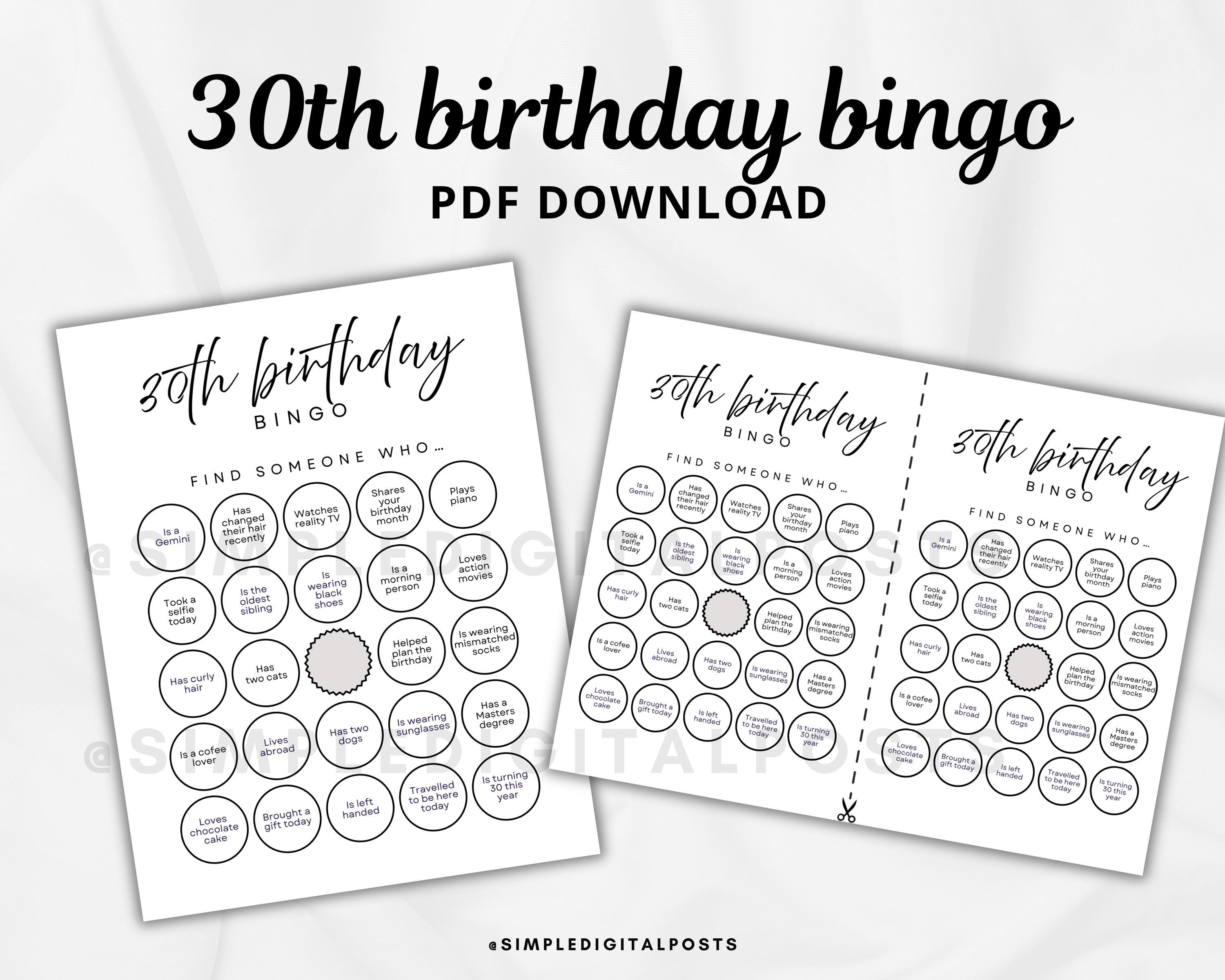 30th Birthday Bingo Game: Printable Party Activity (PDF Downloadable ...