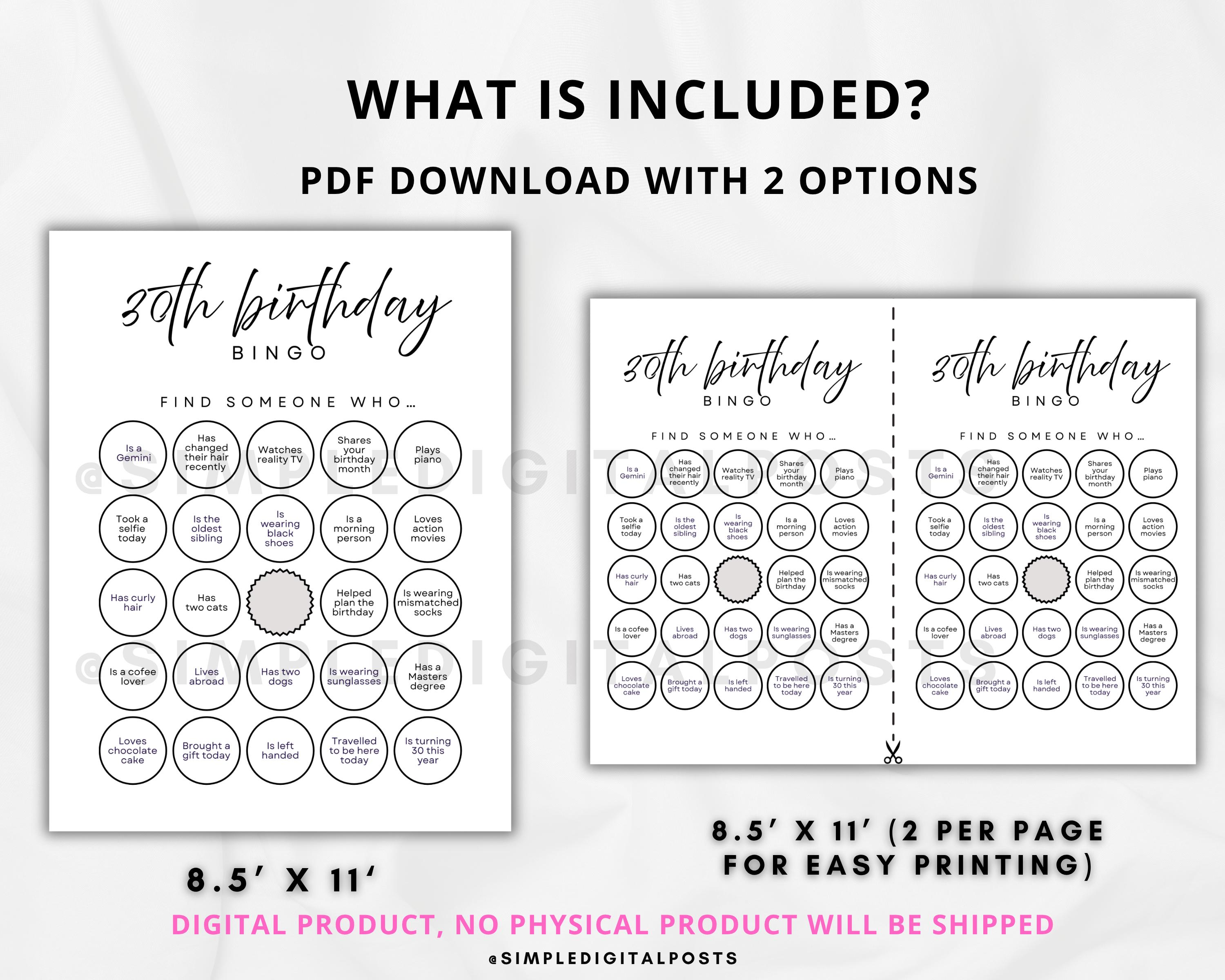 30th Birthday Bingo Game: Printable Party Activity (PDF Downloadable ...