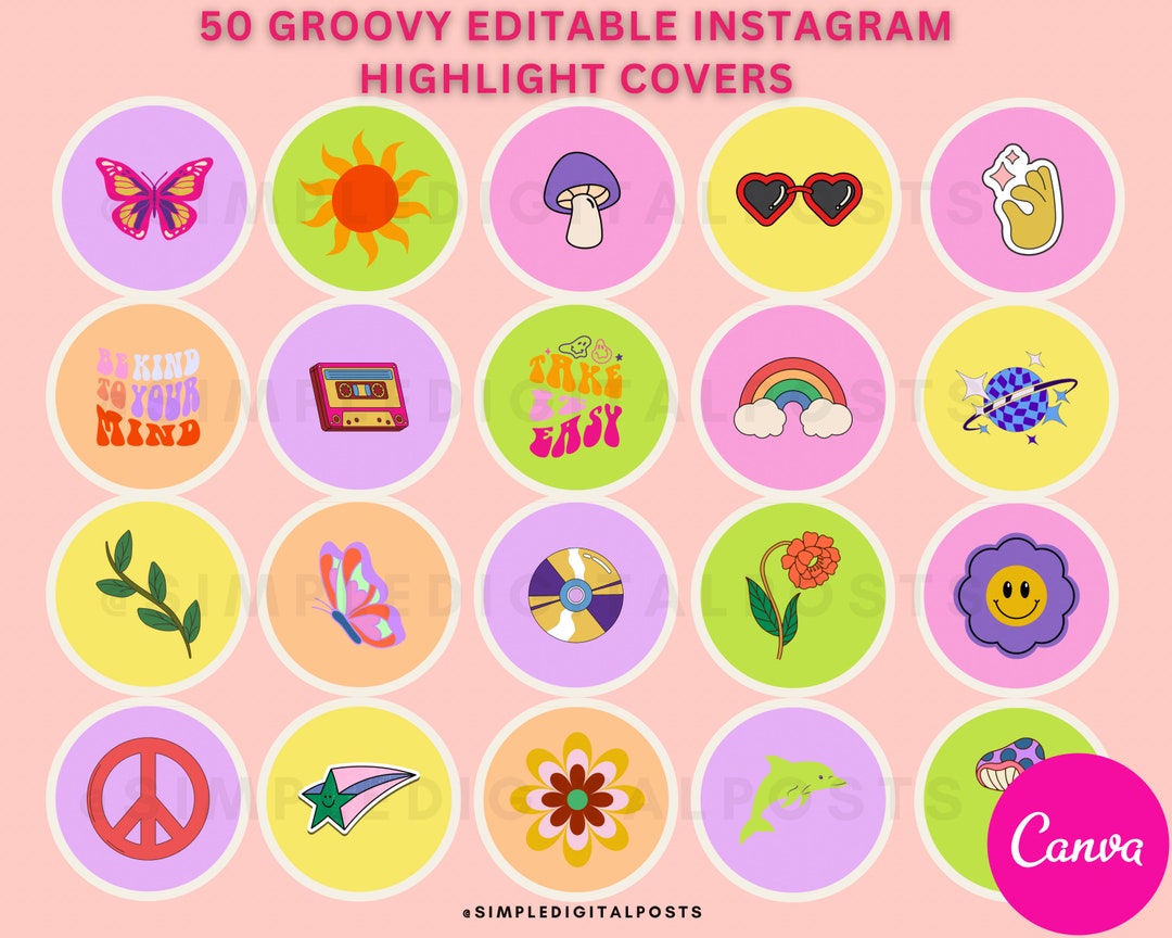 50 Groovy Retro Instagram Highlight Covers: Editable Icons - Etsy