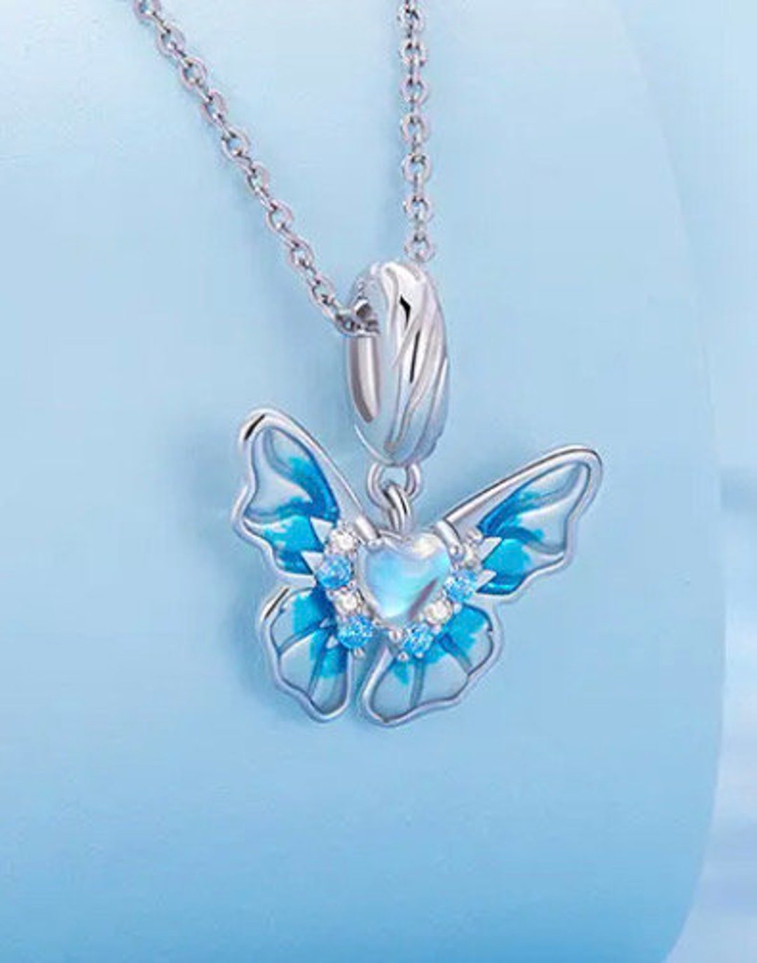 Moonstone Enamel Blue Butterfly Charm, Authentic 925 Sterling Silver ...