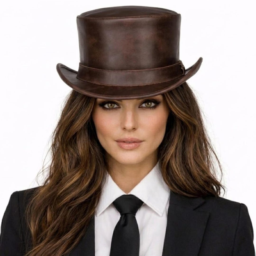 Brown Leather Top Hat Classic Vintage Victorian Style Elegant Women ...