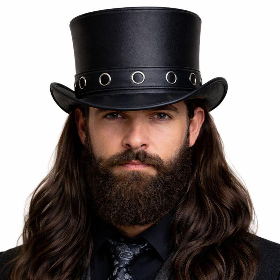 Steampunk Top Hat Black Leather Gothic Wedding Festival Costume Men ...