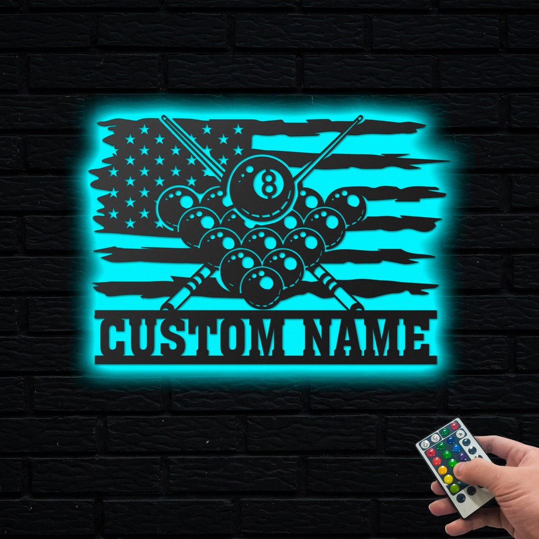 Personalized Billiards Metal Wall Art With LED Lights, Billiards Room ...