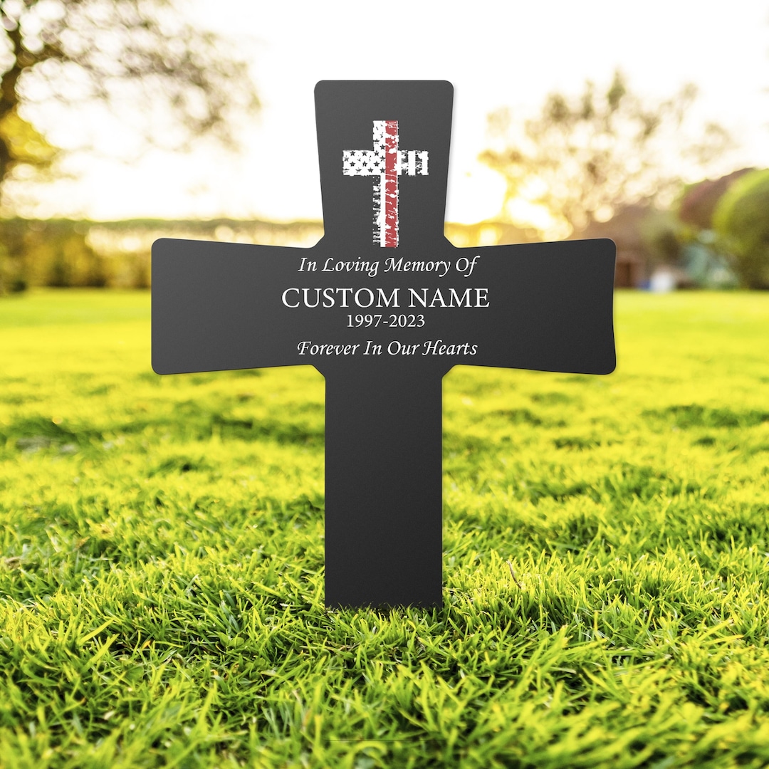 Cross Red Line Grave Marker Personalized, Firefighter Memorial Stake ...