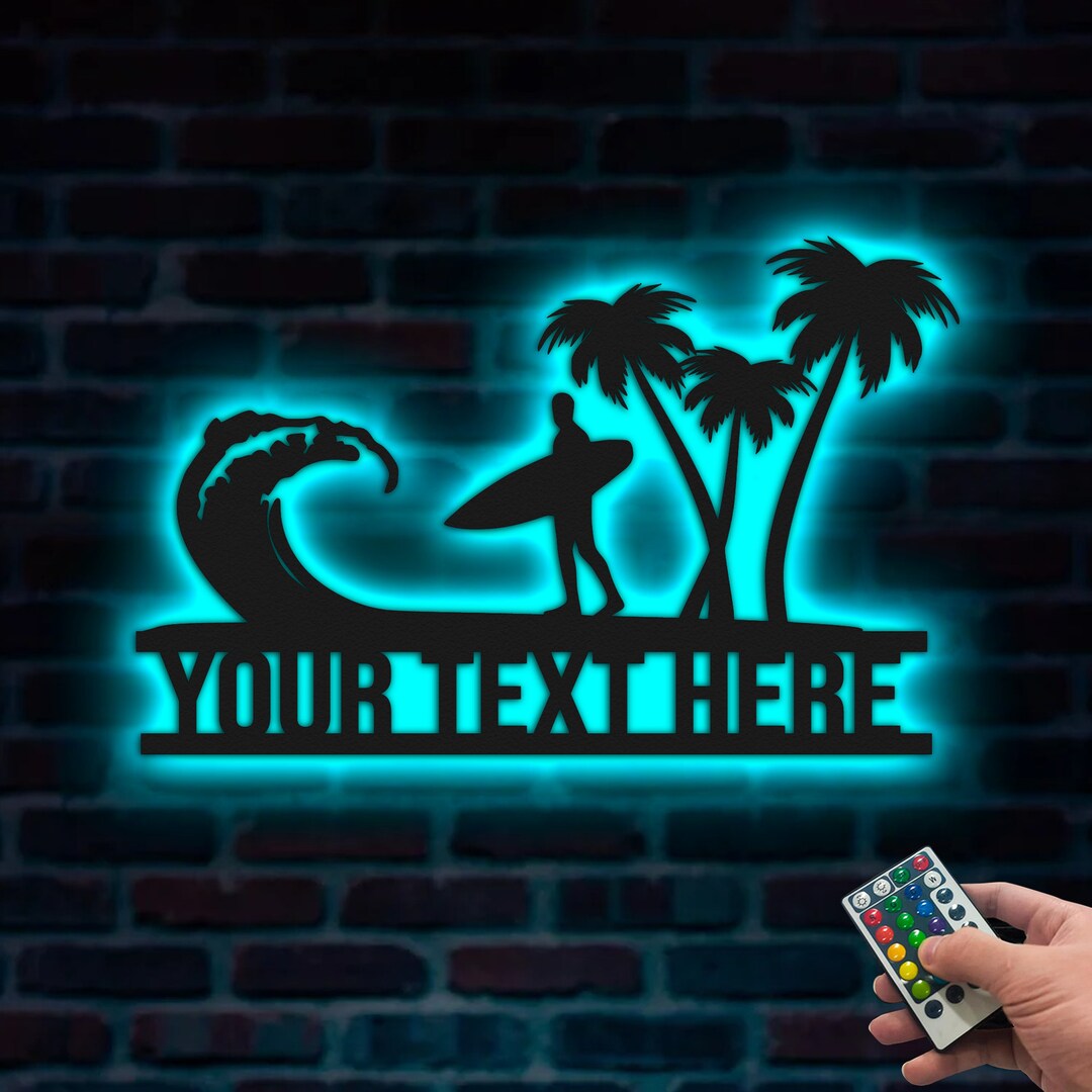 Personalized Surfing Metal Wall Art With LED Lights, Custom Surfer Name ...