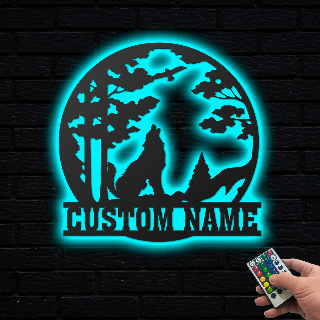 Personalized Wolf Metal Wall Art With LED Light, Custom Wolf Name Sign ...