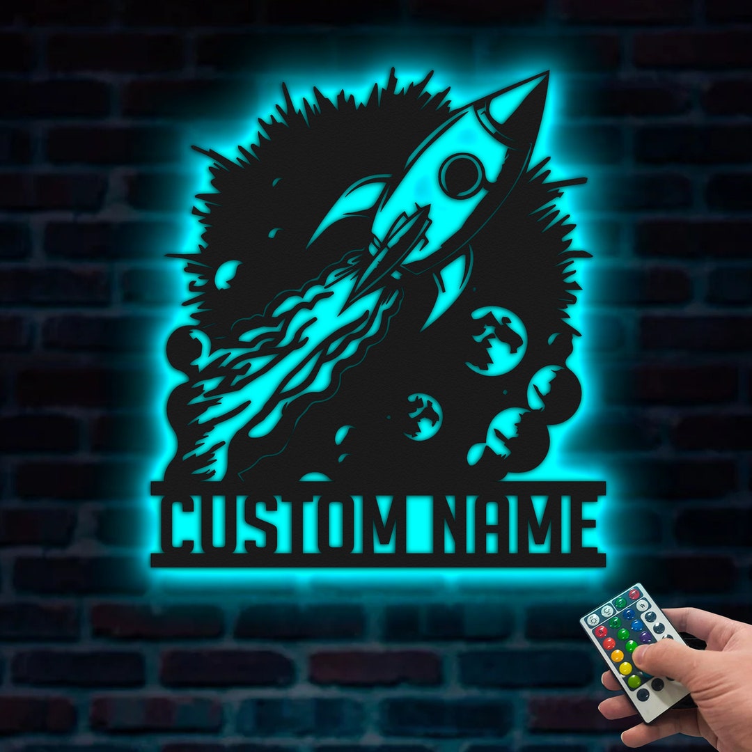 Personalized Space Rocket Metal Wall Art With Lights, Astronaut Kid ...