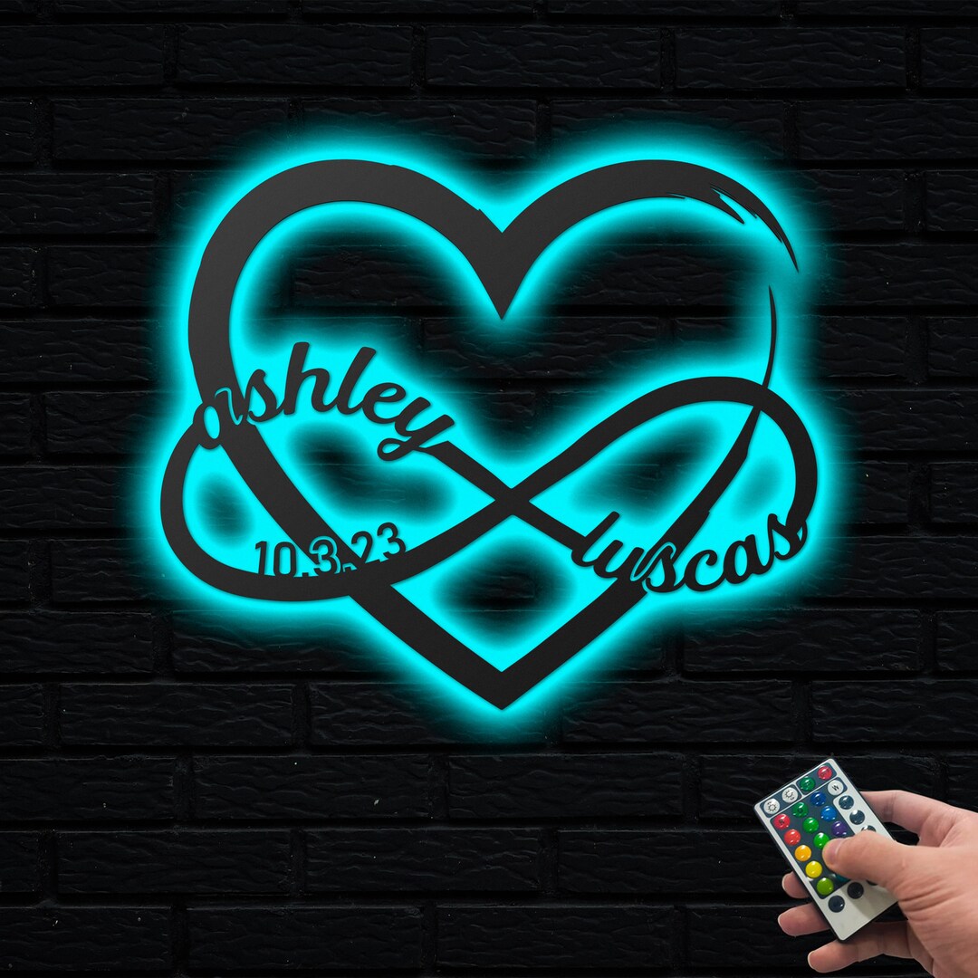 Personalized Infinity Heart Metal Wall Art With LED Light, Custom ...