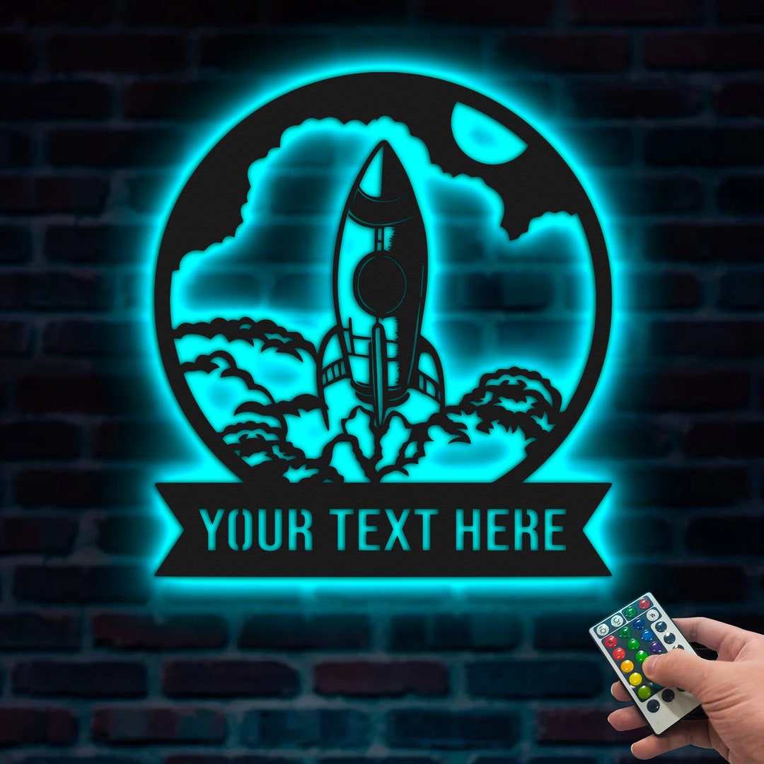 Personalized Spaceship Metal Wall Art LED Light, Custom Rocket Name ...