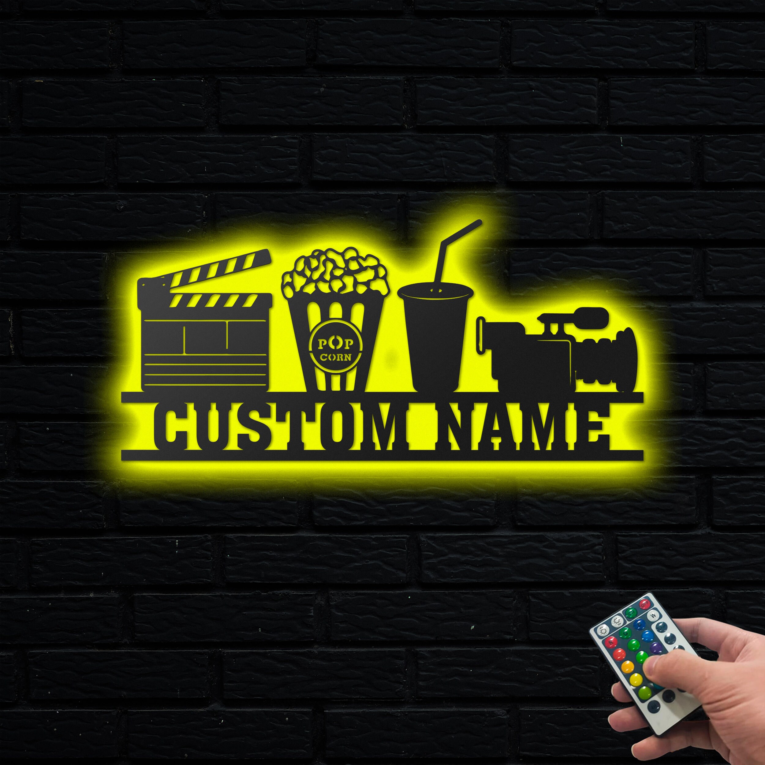 Personalized Movie and Popcorn Metal Wall Art LED Light, Movie Metal ...