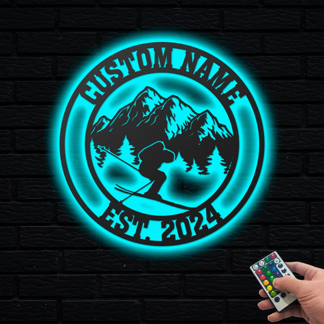 Personalized Skiing Metal Wall Art With LED Lights, Skiing Metal Sign ...