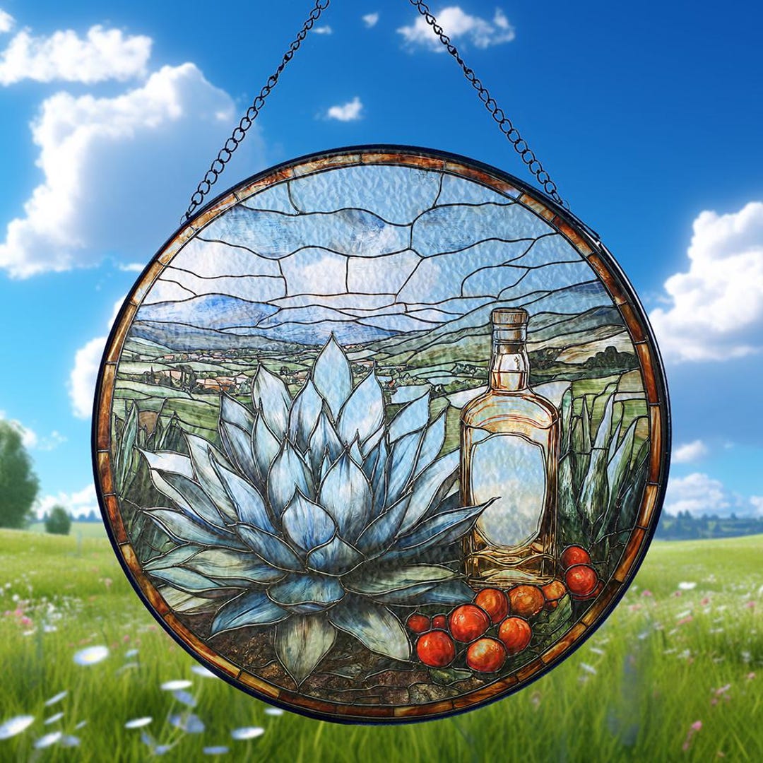 Tequila Agave Glass Suncatcher, Mexican Landscape Stained Glass Window ...