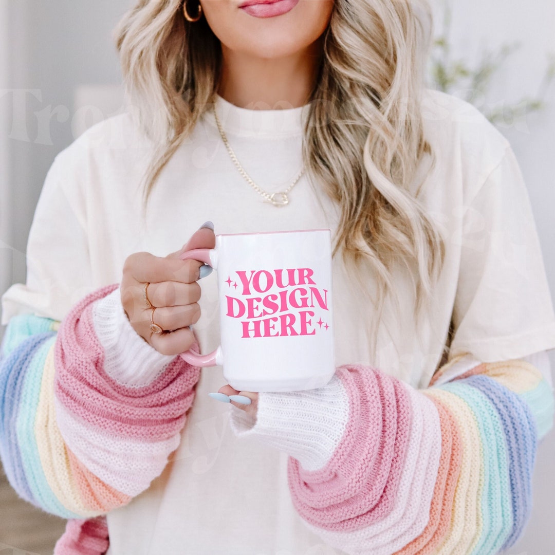 White 15oz Mug Mockup, Pink Accent Handle Mug Mockup, White & Pink 15oz ...