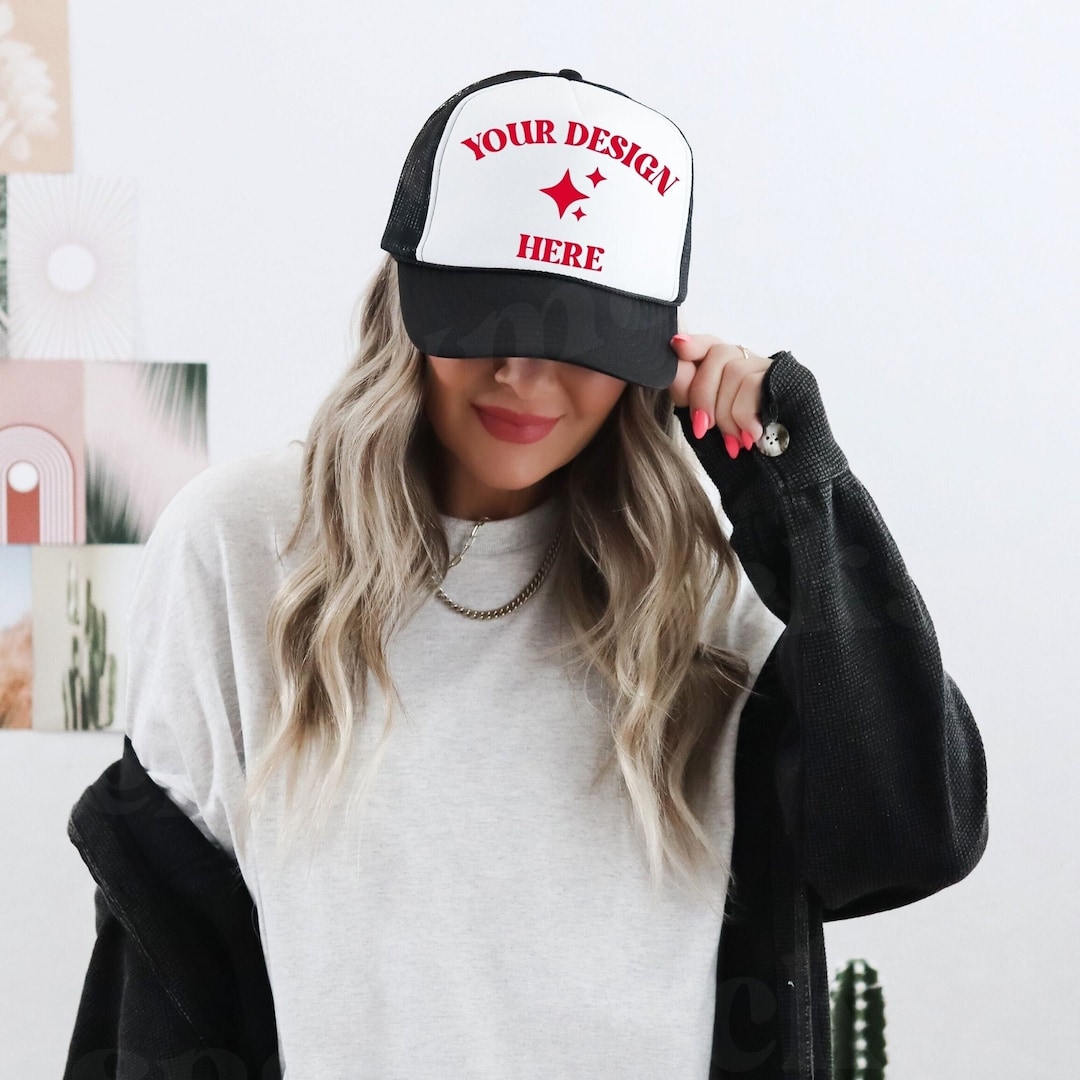 Otto Black White Trucker Mesh Hat Mockup, Trendy Trucker Foam Hat ...