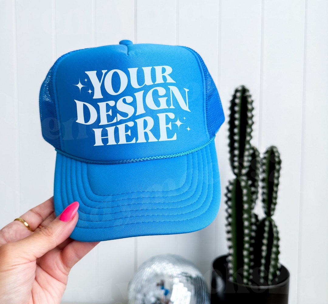 Neon Blue Otto Trucker Mesh Hat Mockup, Trendy Neon Trucker Foam Hat ...