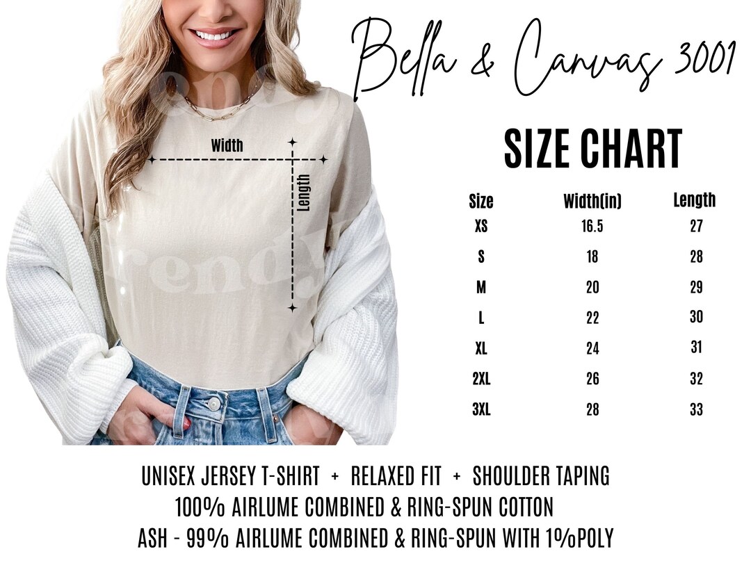Bella Canvas 3001 Size Chart Bella and Canvas Size Chart - Etsy