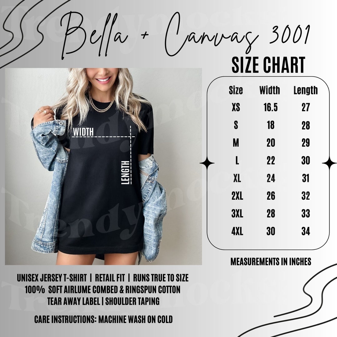 Bella Canvas 3001 Size Chart, Bella Canvas Size Chart, Bella Canvas ...