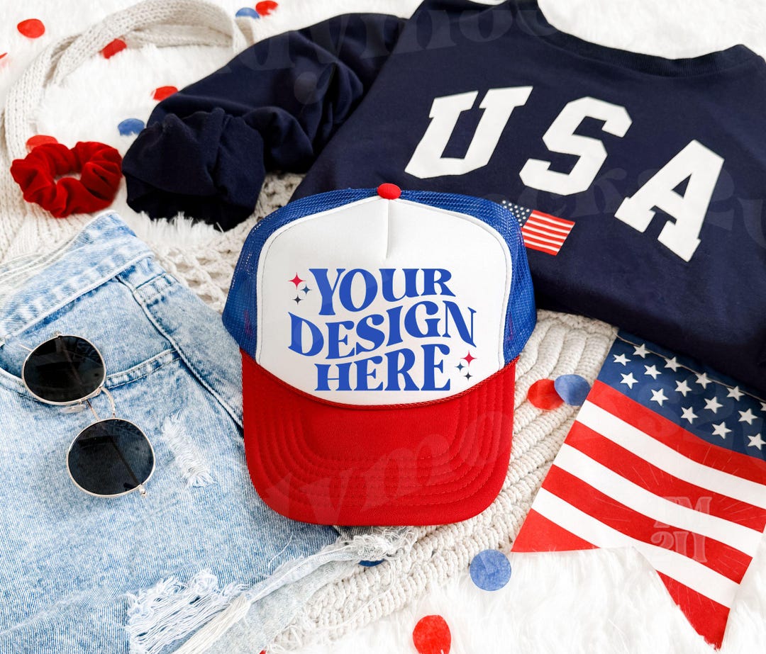 Royal Blue Red White Trucker Hat Mockup, Otto Hat Patriotic Mockup, 4th ...