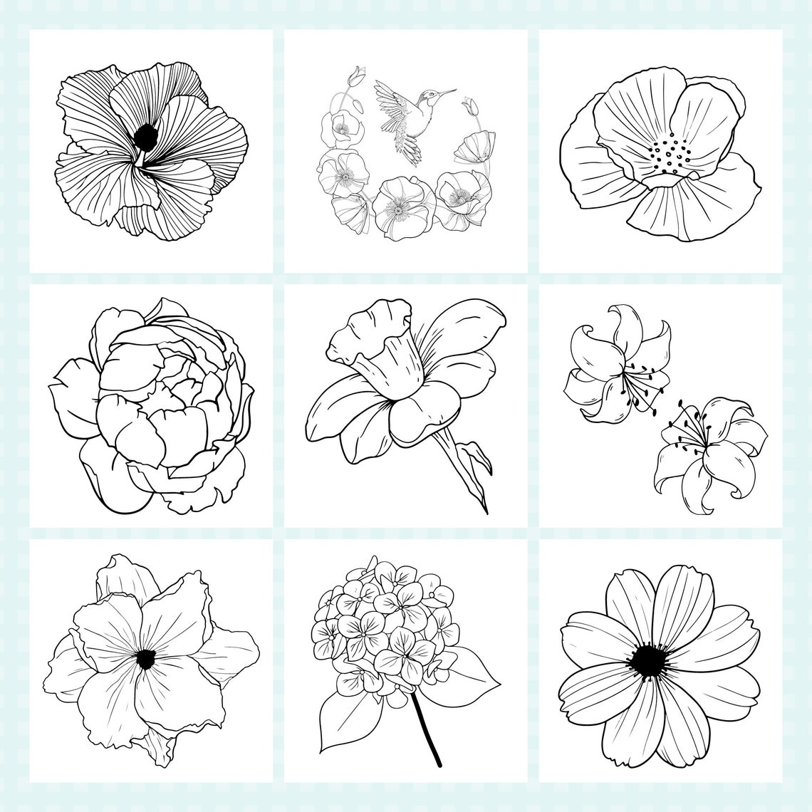 THE FRESH FLORALS Printable Coloring Pages, Flower Line Art, Floral ...